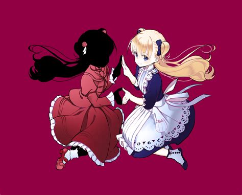 Safebooru 2girls Aoi Sakurako Apron Black Hair Black Skin Blonde Hair Blue Bow Blue Dress Blue
