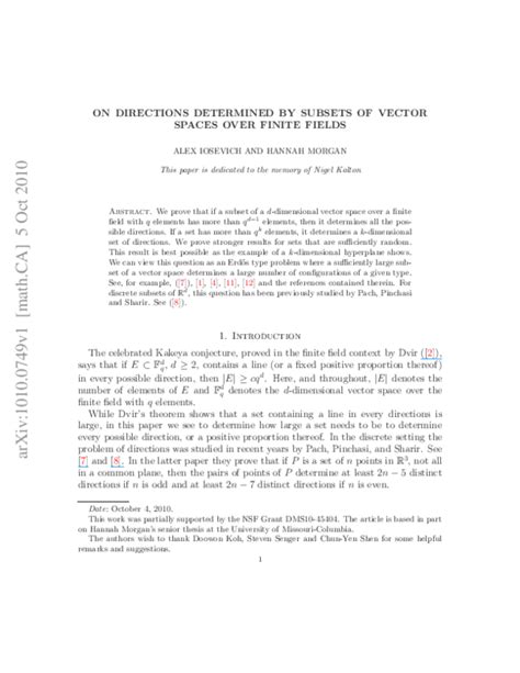 pdf on directions determined by subsets of vector spaces over finite fields alex iosevich