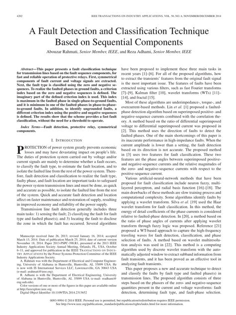 pdf a fault detection and classification technique based on sequential components