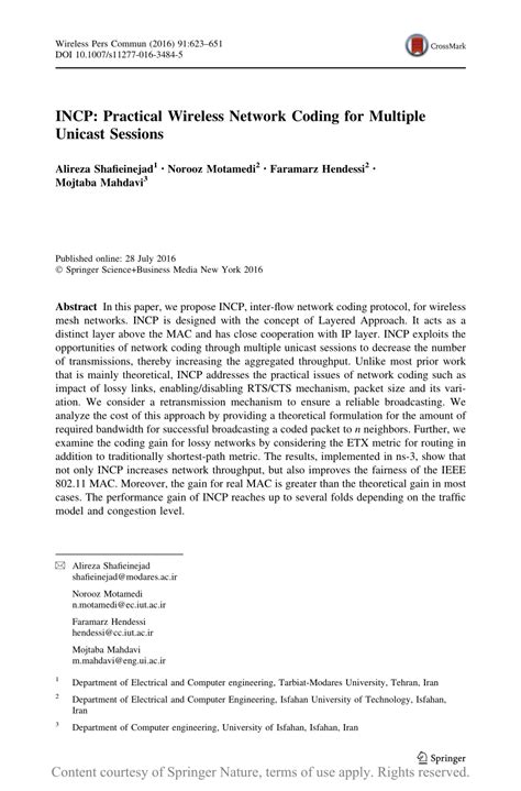 incp practical wireless network coding for multiple unicast sessions request pdf