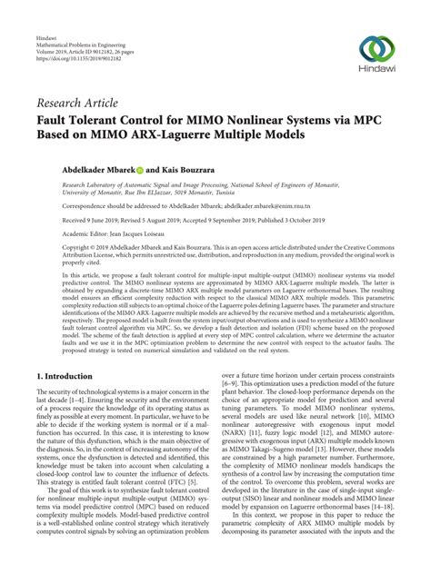 pdf fault tolerant control for mimo nonlinear systems via mpc based on mimo arx laguerre