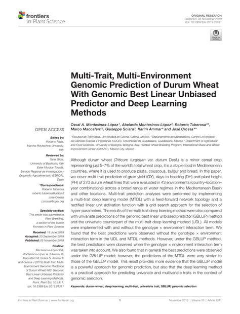 pdf multi trait multi environment genomic prediction of durum wheat with genomic best linear