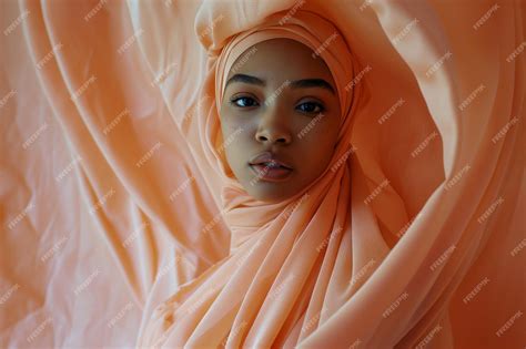 Premium Ai Image Peach Fuzz Color Of The Year 2024 Elegant Portrait Of Woman In Soft Peach Hijab