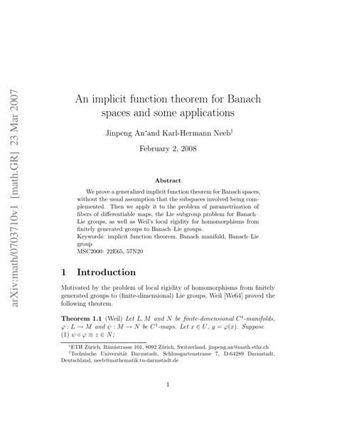 pdf an implicit function theorem for banach spaces and some applications
