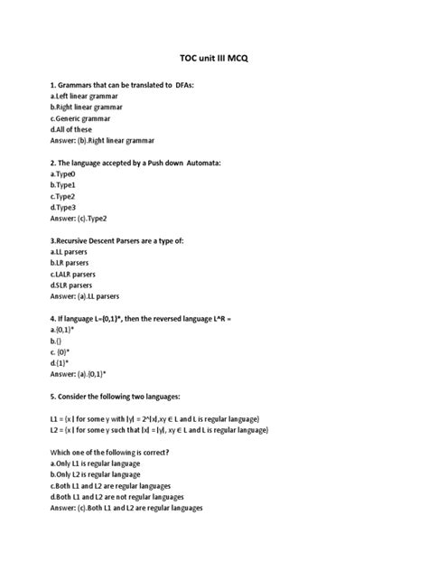 toc unit iii mcq pdf parsing formalism deductive