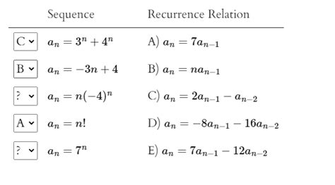 solved for each sequence select the recurrence relation