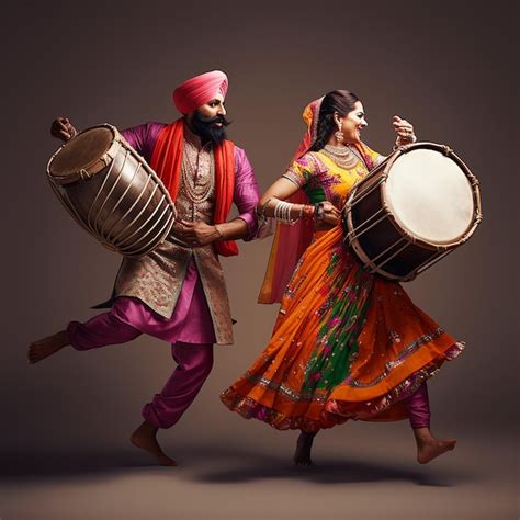 Premium Photo Punjabi Man Playing Dhol And Woman Performing Bhangra Dance