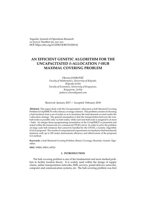 pdf an efficient genetic algorithm for the uncapacitated r allocation p hub maximal covering