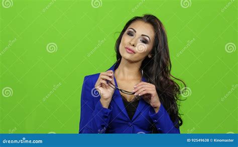 Seductive Brunette Woman In Glasses Posing On Green Screen Background Stock Footage Video Of