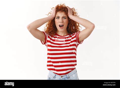 Oh No Not Again Disappointed Upset Reckless Curly Haired Ginger Woman Grab Head Puzzled