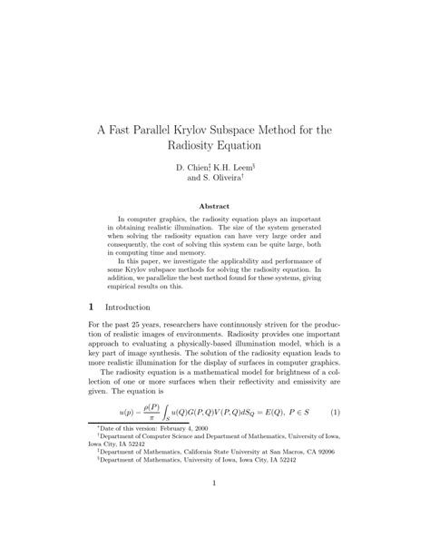 pdf a fast parallel krylov subspace method for the radiosity equation