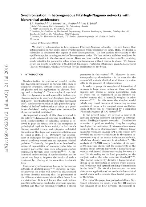 pdf synchronization in heterogeneous fitzhugh nagumo networks with hierarchical architecture