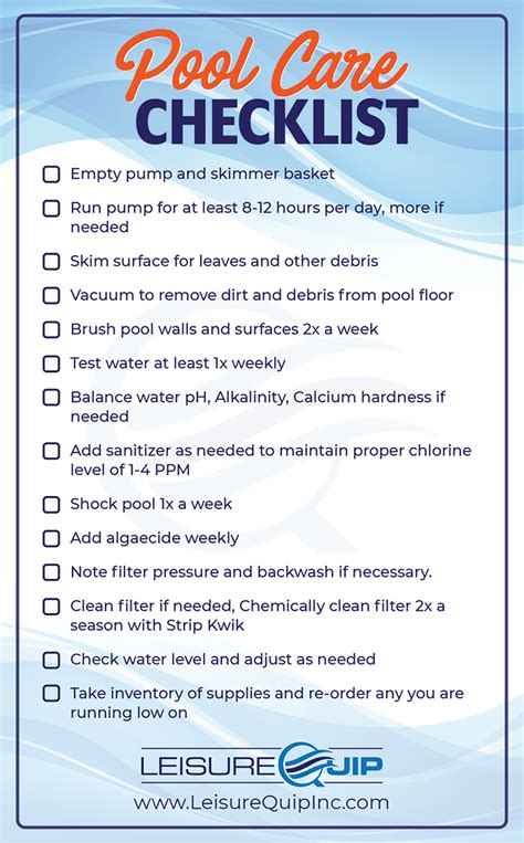Free Printable Pool Maintenance Checklist