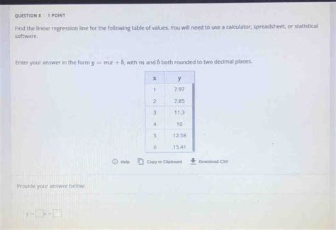 solved question b 1 point find the linear regression line for the following table of values