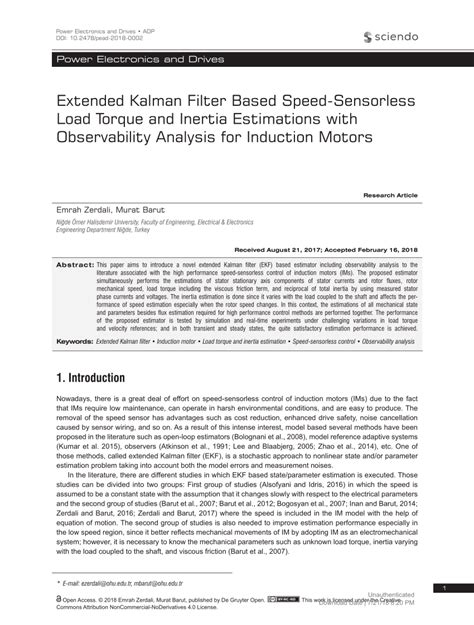 pdf extended kalman filter based speed sensorless load torque and inertia estimations with