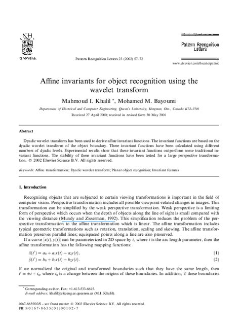 pdf affine invariants for object recognition using the wavelet transform mohamed bayoumi