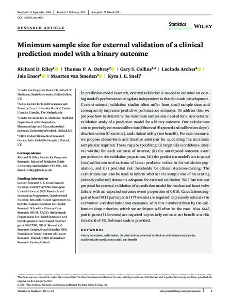 pdf minimum sample size for external validation of a clinical prediction model with a binary