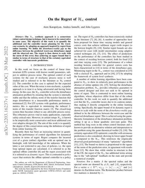 pdf on the regret of mathcal{h} { infty} control