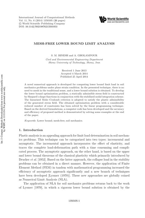 pdf mesh free lower bound limit analysis