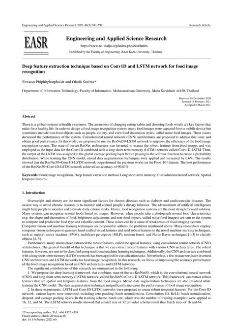 pdf deep feature extraction technique based on conv1d and lstm network for food image recognition