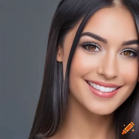 Beautiful Young Woman With Black Hair And Brown Eyes Smiling On Craiyon