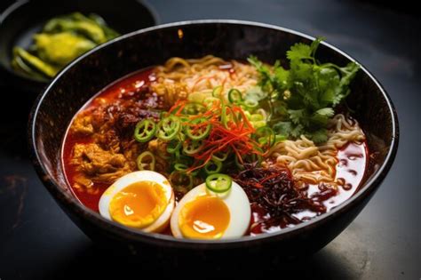 Japanische Ramen Nudeln Mit Rindfleisch Und Ei Auf Einem Holztisch Begeben Sie Sich Auf Ein