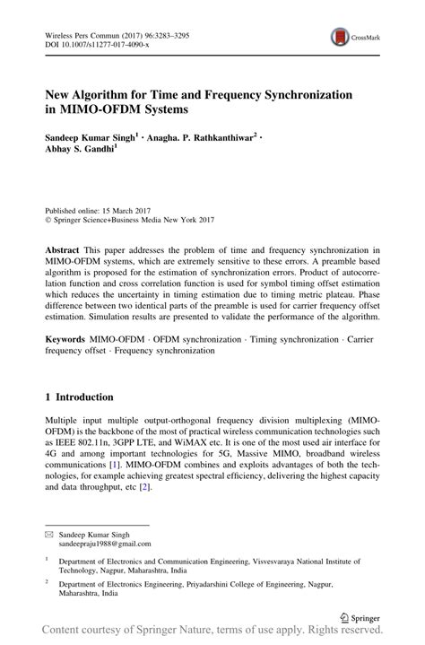 new algorithm for time and frequency synchronization in mimo ofdm systems request pdf