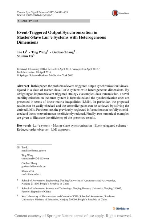 event triggered output synchronization in master slave lur e systems with heterogeneous