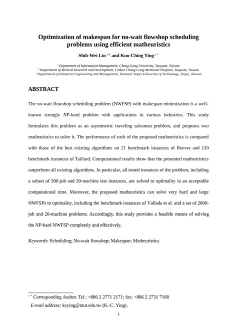 pdf optimization of makespan for no wait flowshop scheduling problems using efficient
