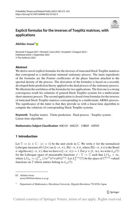 pdf explicit formulas for the inverses of toeplitz matrices with applications