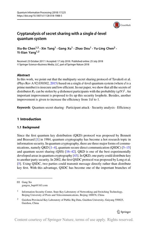 cryptanalysis of secret sharing with a single d level quantum system request pdf