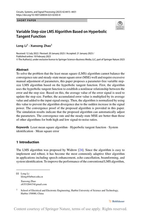variable step size lms algorithm based on hyperbolic tangent function