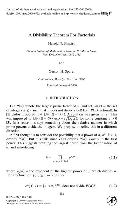 pdf a divisibility theorem for factorials
