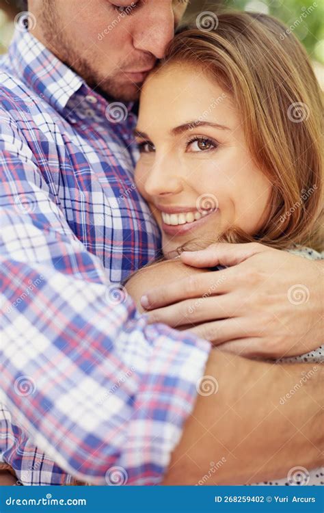 Couple Hug And Kiss Forehead In Park Closeup Valentines Date Love And Romance With Smile On