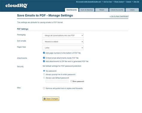 how to configure default save emails to pdf options such as password protection paper size