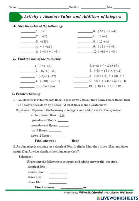 absolute value and addition of integers worksheet live worksheets worksheets library