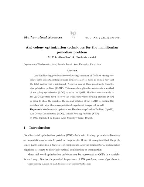 pdf ant colony optimization techniques for the hamiltonian p median problem