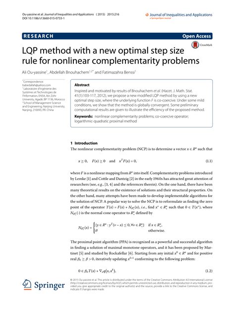 pdf lqp method with a new optimal step size rule for nonlinear complementarity problems