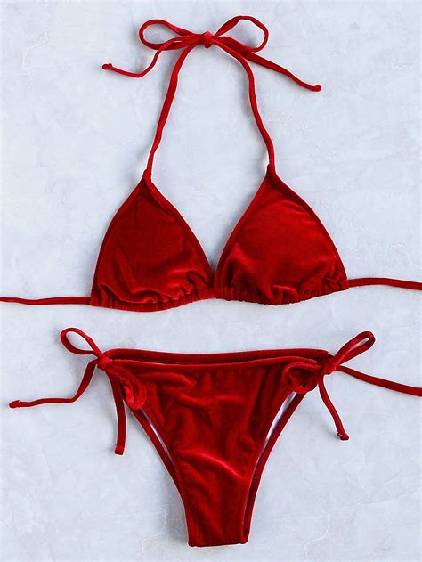 Shop Red Bow Tie Velvet Triangle Bikini Set Online Shein Offers Red Bow Tie Velvet Triangle