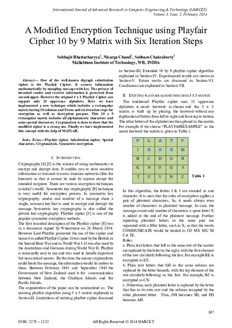 pdf a modified encryption technique using playfair cipher 10 by 9 matrix with six iteration