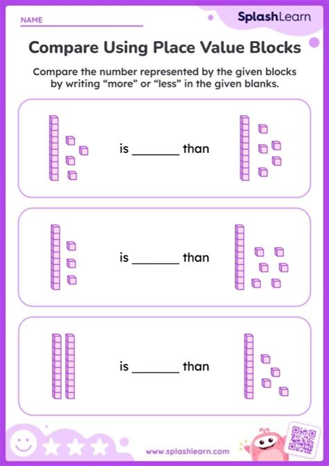 compare place value blocks using more or less within 20 — printable math worksheet