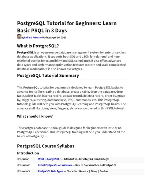postgresql tutorial for beginners learn basic psql in 3 days pdf postgre sql databases