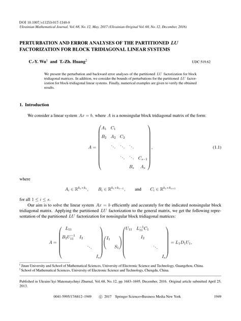 pdf perturbation and error analysis of partitioned lu factorization for block tridiagonal systems