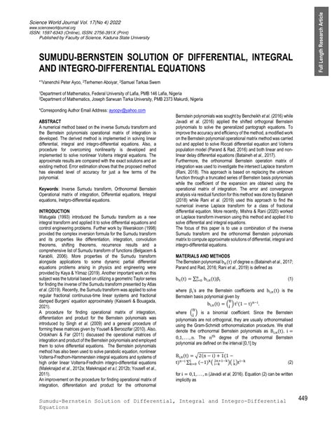 pdf sumudu bernstein solution of differential integral and integro differential equations