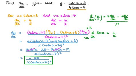 question video differentiating a combination of logarithmic functions using the quotient rule