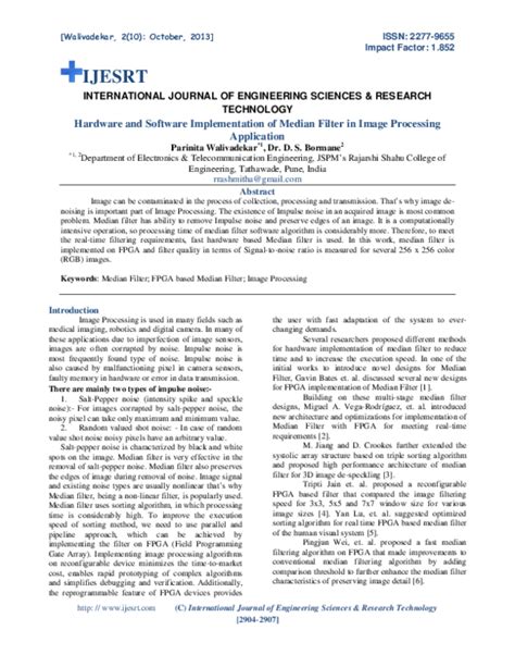 pdf hardware and software implementation of median filter in image processing application