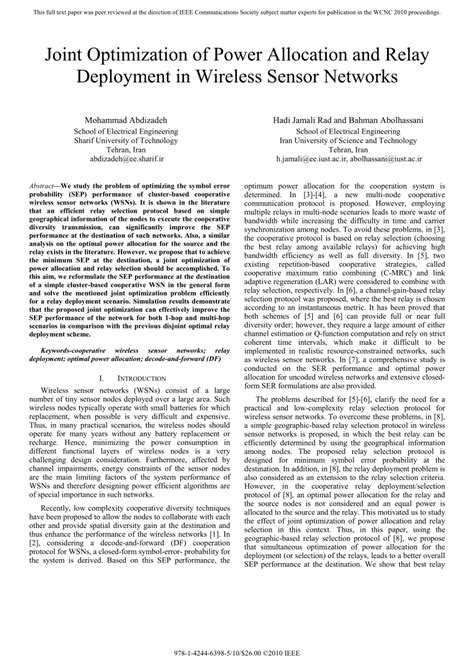 pdf joint optimization of power allocation and relay deployment in wireless sensor networks