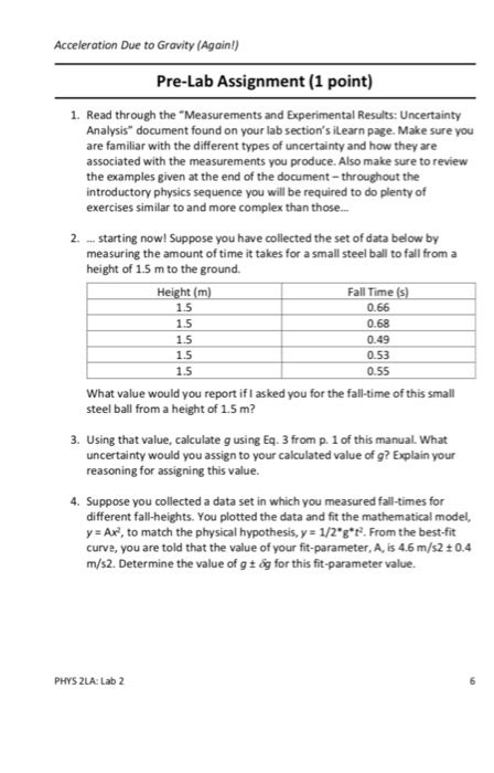 solved acceleration due to gravity again pre lab