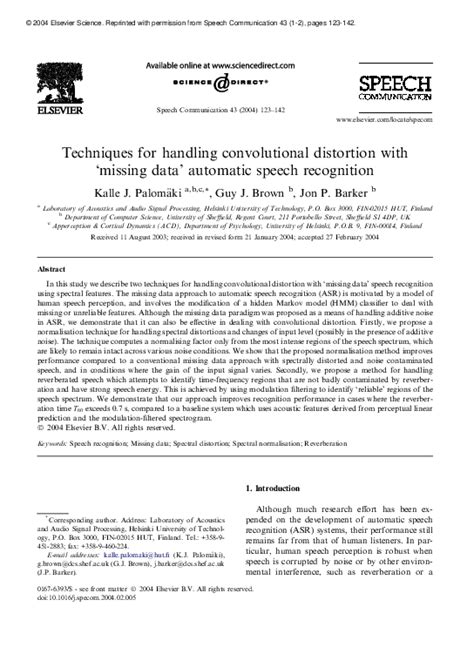 pdf techniques for handling convolutional distortion with `missing data automatic speech