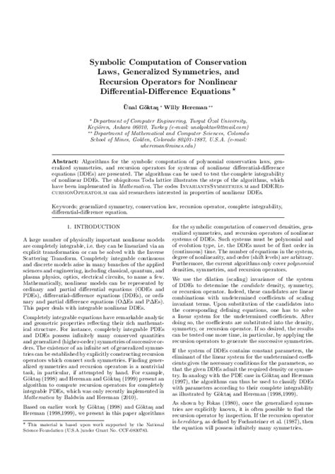 pdf symbolic computation of conservation laws generalized symmetries and recursion operators